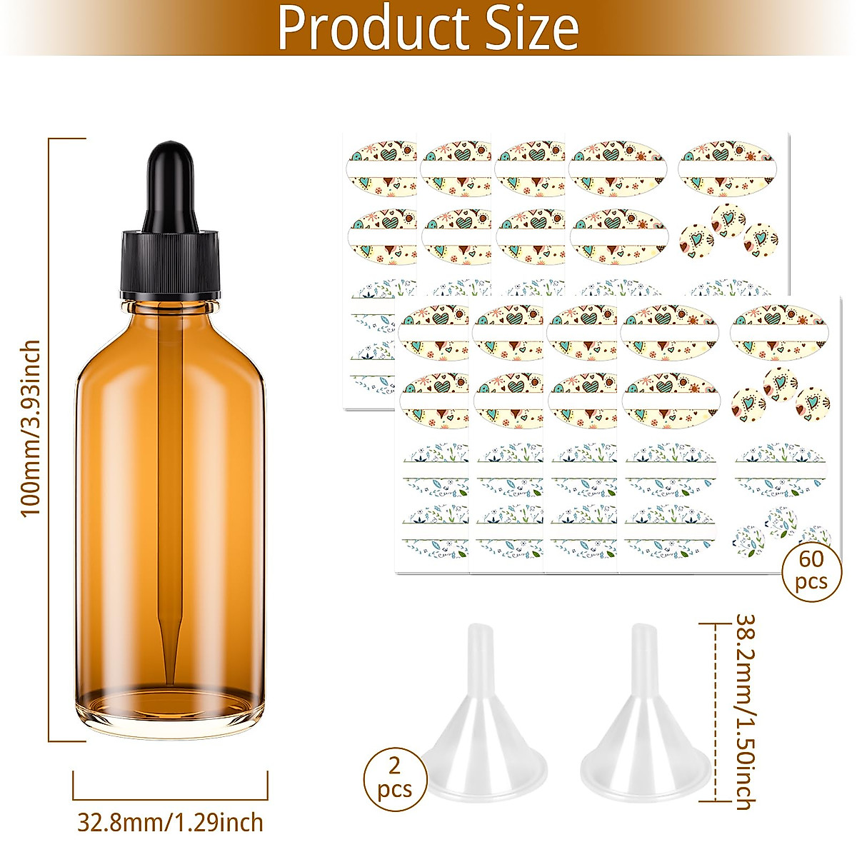 CycleMore 1oz Amber Glass Dropper Bottles 48 Pack Tincture Bottles with Eye Droppers, Two Plastic Funnels and Labels. Glass Essiential Oil Bottles for Chemistry Lab Chemicals, Perfumes & More Liquids