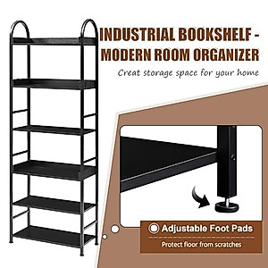 Daesar 70.8 Inch Tall Bookshelf, 6-Tier Shelves with Round Top Frame, MDF Boards, Adjustable Foot Pads, Black