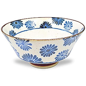 Mino Ware Japanese Ramen Bowl, Rice Noodle Soup Sarada Pasta, PAIKAJI Warp Donburi, 7.1 inch, Flower