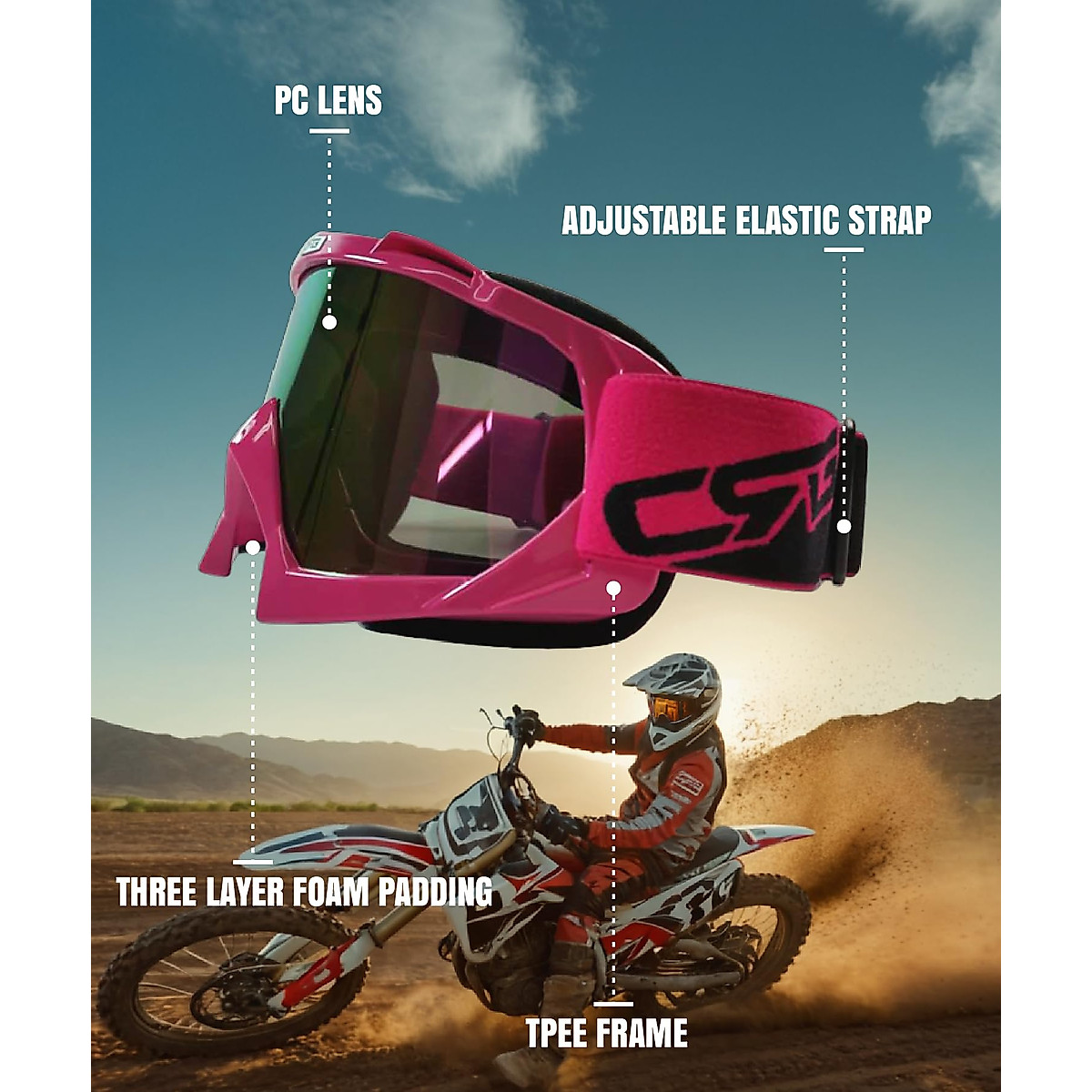 CRG Sports Motorcycle Goggle ATV Dirt Bike Off Road Racing Motocross Goggles for Men, Women, Adults