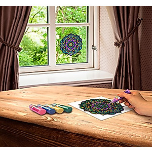 ZORBITZ Joy of Coloring Stained Glass Window Art Clings DIY Kit,8 Clings& 5 Paints,4 Gorgeous,Intricate Mandala Designs,Designed Paint,Removable Clings, Sticks to Any Glass Surface,13 Piece Set,(2680)