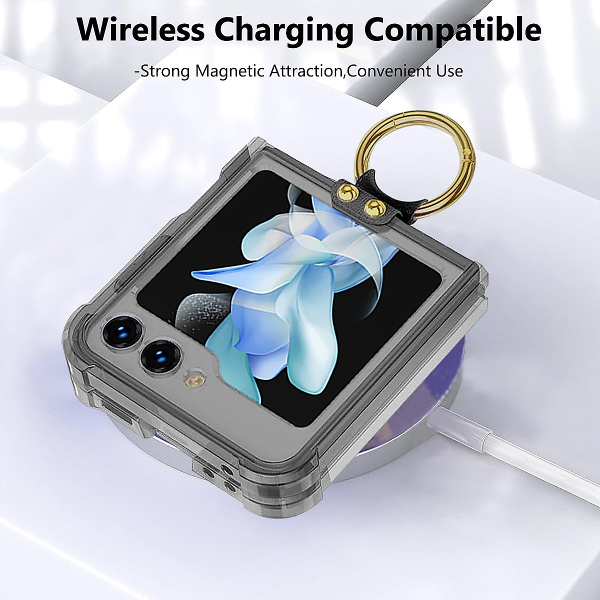 NINKI Compatible Samsung Galaxy Z Flip 5 Case with Ring,(Clear+Black) Samsung Flip 5 Case Magnetic Wireless Charging Heavy Duty Slim Shockproof Protective Phone Case for Galaxy Z Flip 5 5G Cases Clear