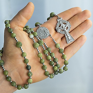 St Patrick Green Jade Rosary, Irish Rosary with Stainless Steel Celtic Cross and Medal
