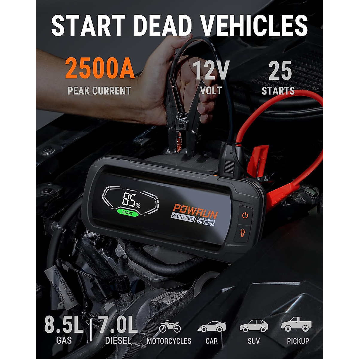 Powrun P-ONE PRO Jump Starter - 2500A Portable Jump Box for 8.5L Gas and 7.0L Diesel Engines, 12V Car Battery Pack With Carry Case