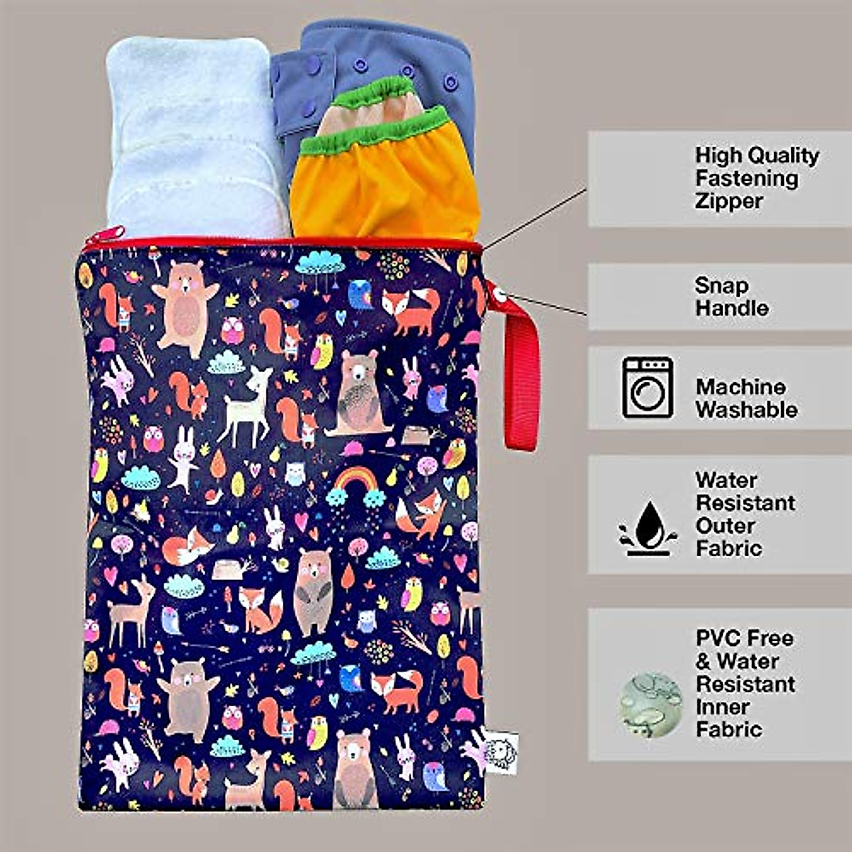 FLOCK THREE Washable and Reusable Wet Bag Diaper Bag Water Resistant Swimming Bag Travel Toiletries Pouch Cute Animals Zippered 12.6'' x 16.5''