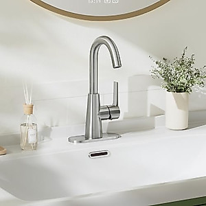 Phiestina Single Hole Brushed Nickel Bathroom Sink Faucet/Bar Sink/Pre-Kitchen Sink Faucet with 4 Inch Deck Plate,Drain and Supply Hoses, WE10-BN