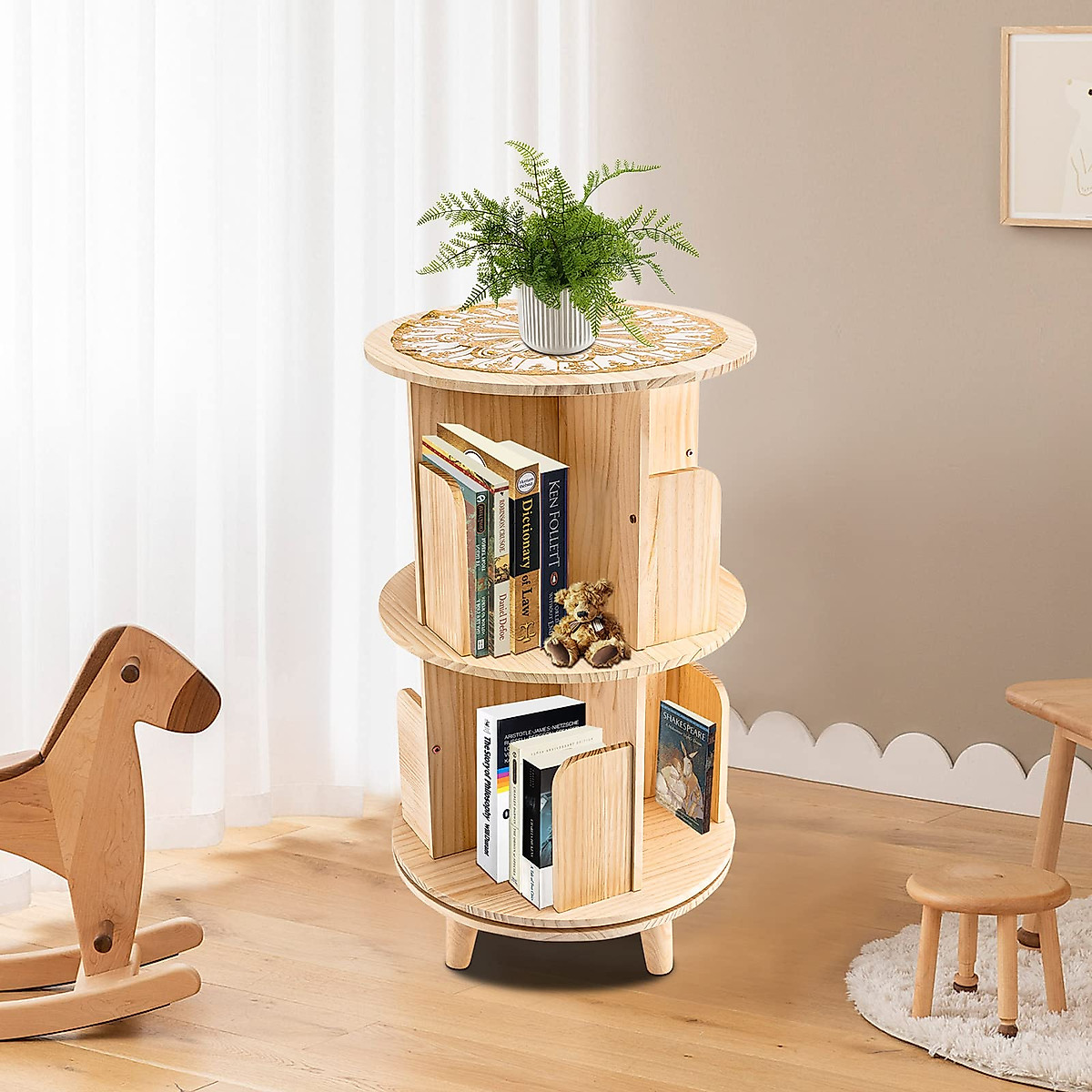 BYGOVICE Pine Wood Rotating Bookshelf Tower with 2 Tiers, Spinning Bookshelf 360 Display Floor Standing, Multi-Functional Bookshelf Organizer for Corridors, Balconies, Living Rooms, Study Rooms