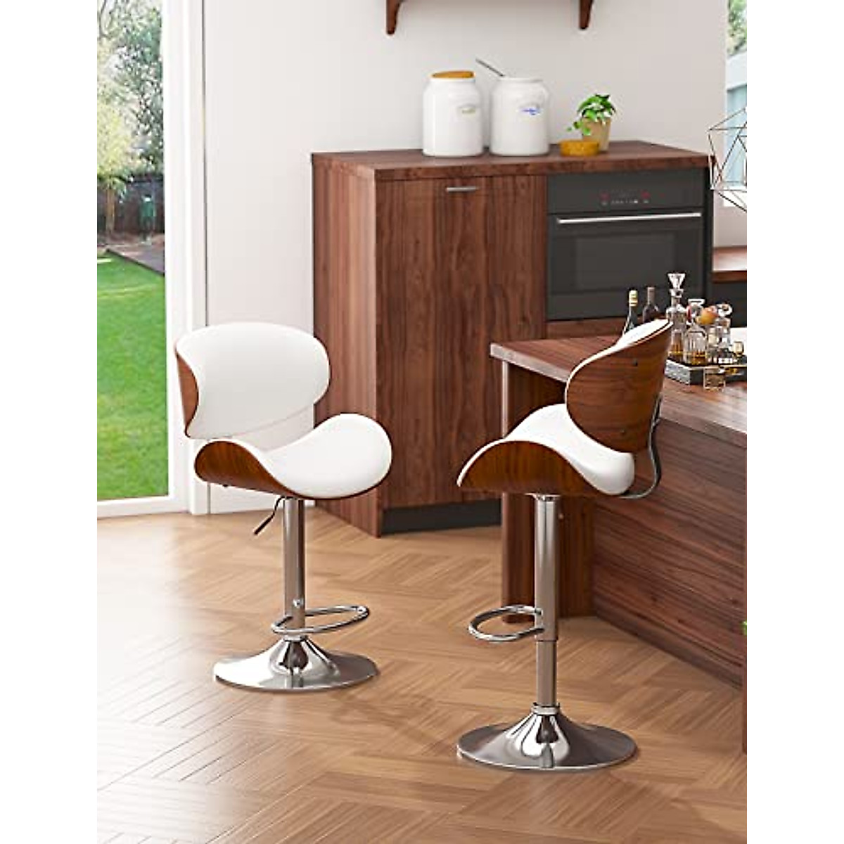 YaFiti Bar Stools Set of 2, Bentwood Adjustable Height Swivel Bar Stools, PU Leather Upholstered Bar Chair with Back and Footrest for Bar, Kitchen, Dining Room