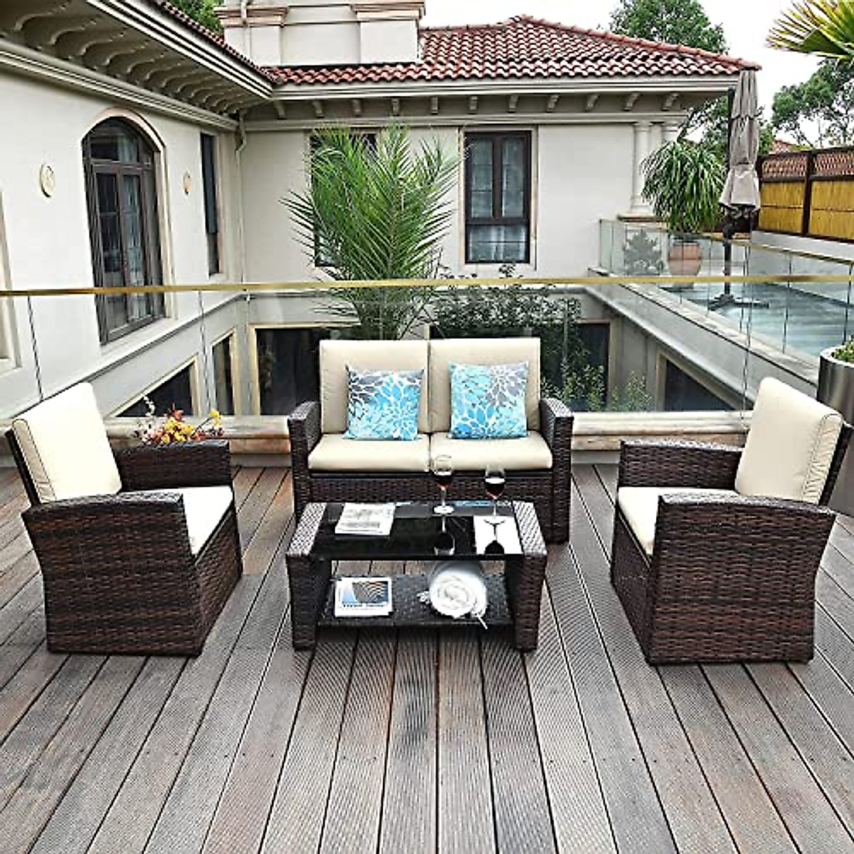YITAHOME 5 Piece Patio Furniture Sets, All-Weather Outdoor Patio Conversation Set, PE Rattan Wicker Small Sectional Patio Sofa Set with Table, Brown