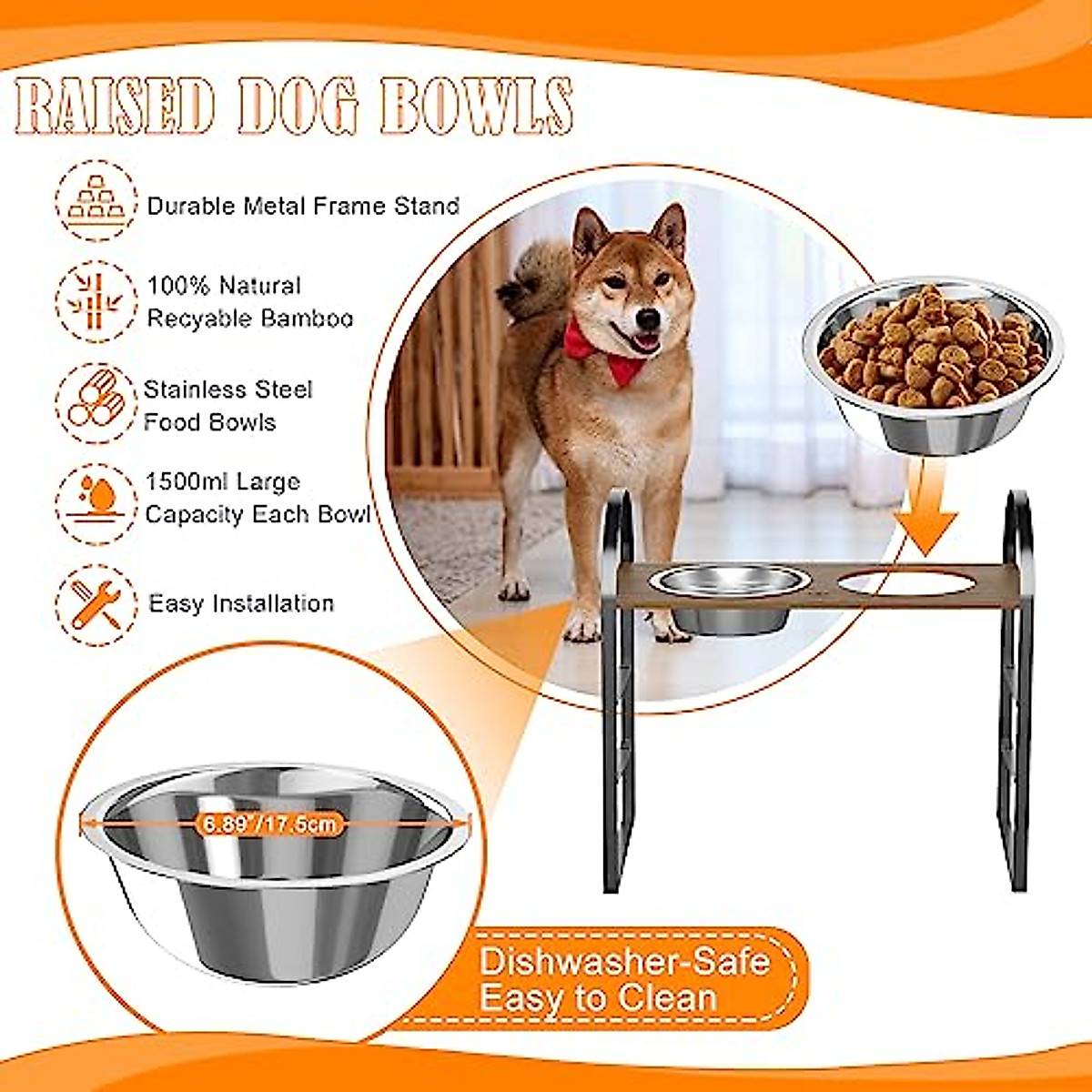 Alpeir Elevated Dog Bowls, Raised Dog Bowl Stand with 2 Stainless Steel Food Bowls, Adjustable Pet Feeder Station, Retro Brown