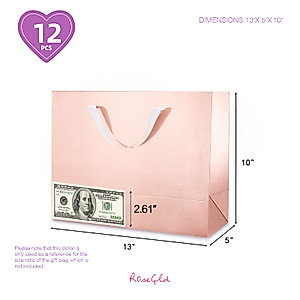 ROSEGLD 12 Large Gift Bags 13x5x10 Inches, Luxury Gift Bags, Rose Gold Gift Bags with Handles for All Occasions (Glossy Rose Gold with Grass Texture)