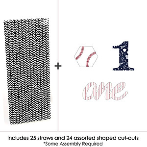 Big Dot of Happiness 1st Birthday Batter Up - Baseball - Paper Straw Decor - First Birthday Party Striped Decorative Straws - Set of 24