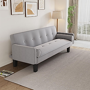 72" Convertible Sofa Couch Bed with 2 Pillows, Cotton Linen Loveseat Sofa Bed with Soild Wood Legs,Modern Upholstered Folding Reclinerfor Living Room Apartment Office