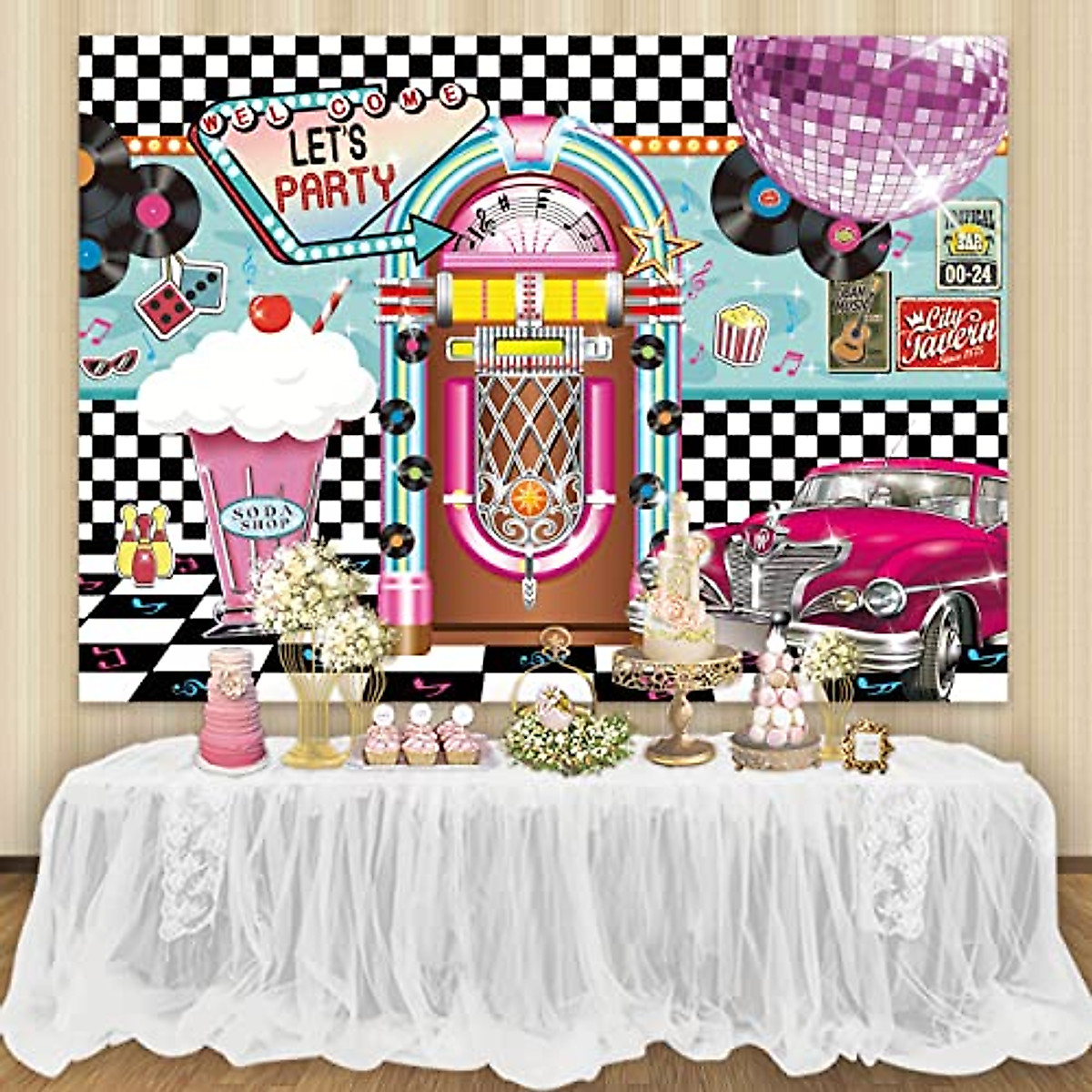 Maijoeyy 7x5ft Back to 50s Backdrop for Birthday Rock Roll Party 1950s Soda Shop Photo Backdrops 50's 60's Sock Hop Party Decorations Retro Diner Time Rock Roll Classic Car Party Decoration Banner