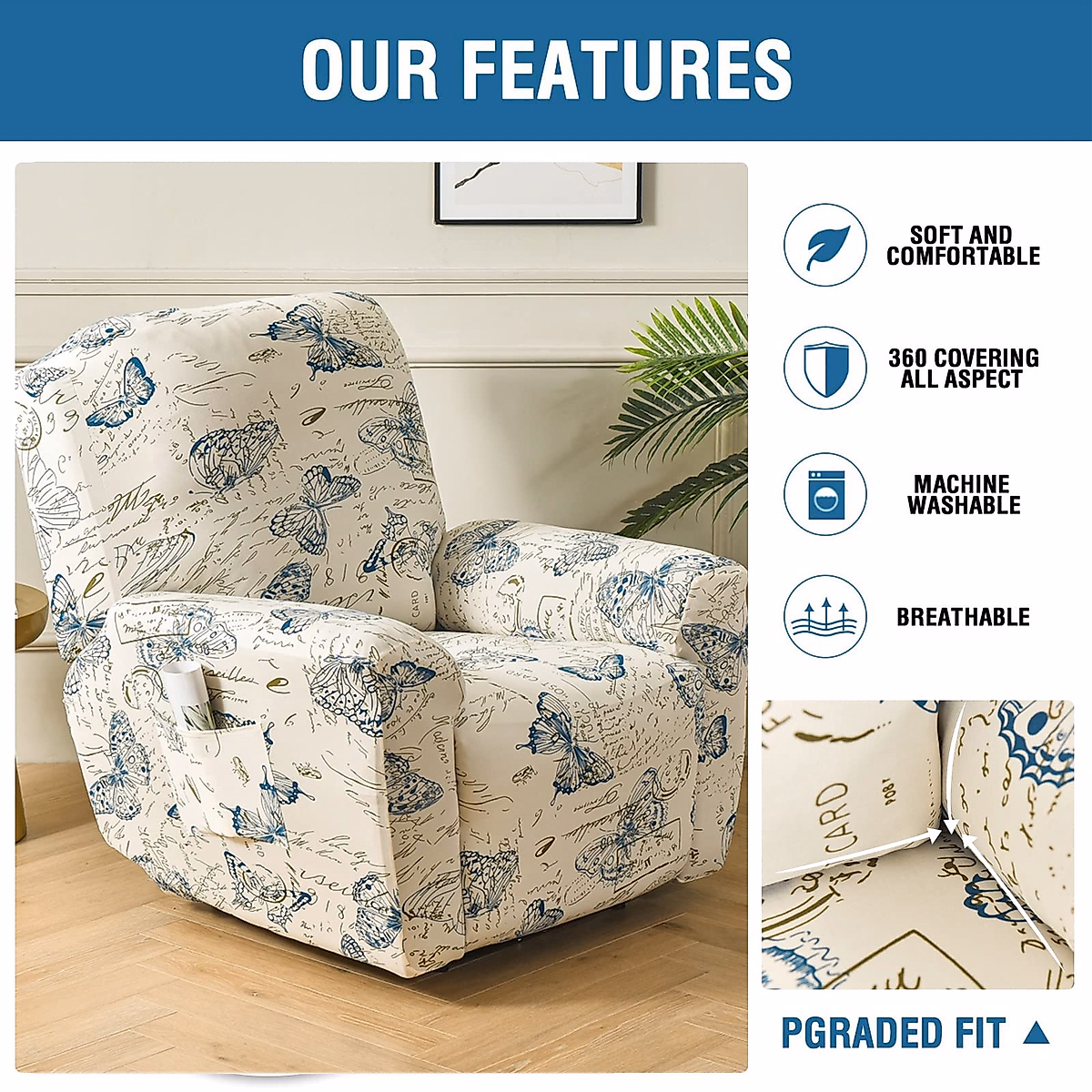 Eco-Ancheng Recliner Slipcovers 4-Pieces Lazyboy Recliner Covers Recliner Couch Covers Recliner Chair Cover Non Slip Reclining Slipcovers with Storage Pockets Furniture Protector for Living Room