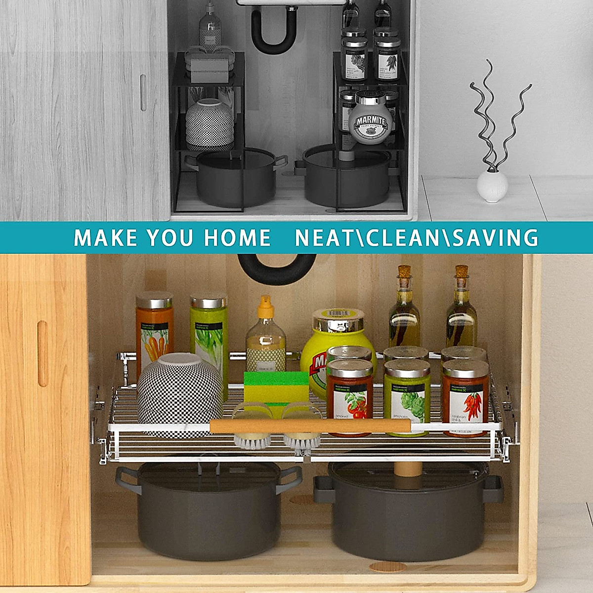 MIYUPTC Large Pull Out Kitchen Cabinet Organizer, 22.7''-39.8''W x 22''D, Heavy Duty Slide Out Pantry Shelves Sliding Drawer Storage for Kitchen, Under Sink, Bathroom, Wardrobe, Steel Metal