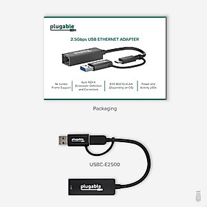 Plugable 2.5GB USB Ethernet Adapter for Laptop, 2-in-1 Cable, USB 2.5GB Ethernet Adapter, USB-C and USB Compaitble, USB-C to RJ45 2.5 Gigabit LAN Ethernet, Compatible with Mac and Windows