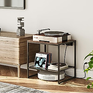 MAHANCRIS End Table with Charging Station, Square Side Table with Outlets and USB Ports, Square Modern Night Stand with 2-Tier Storage Shelf, Sofa Coffee Table, Fridge Stand, for Living Room ETHR54E01
