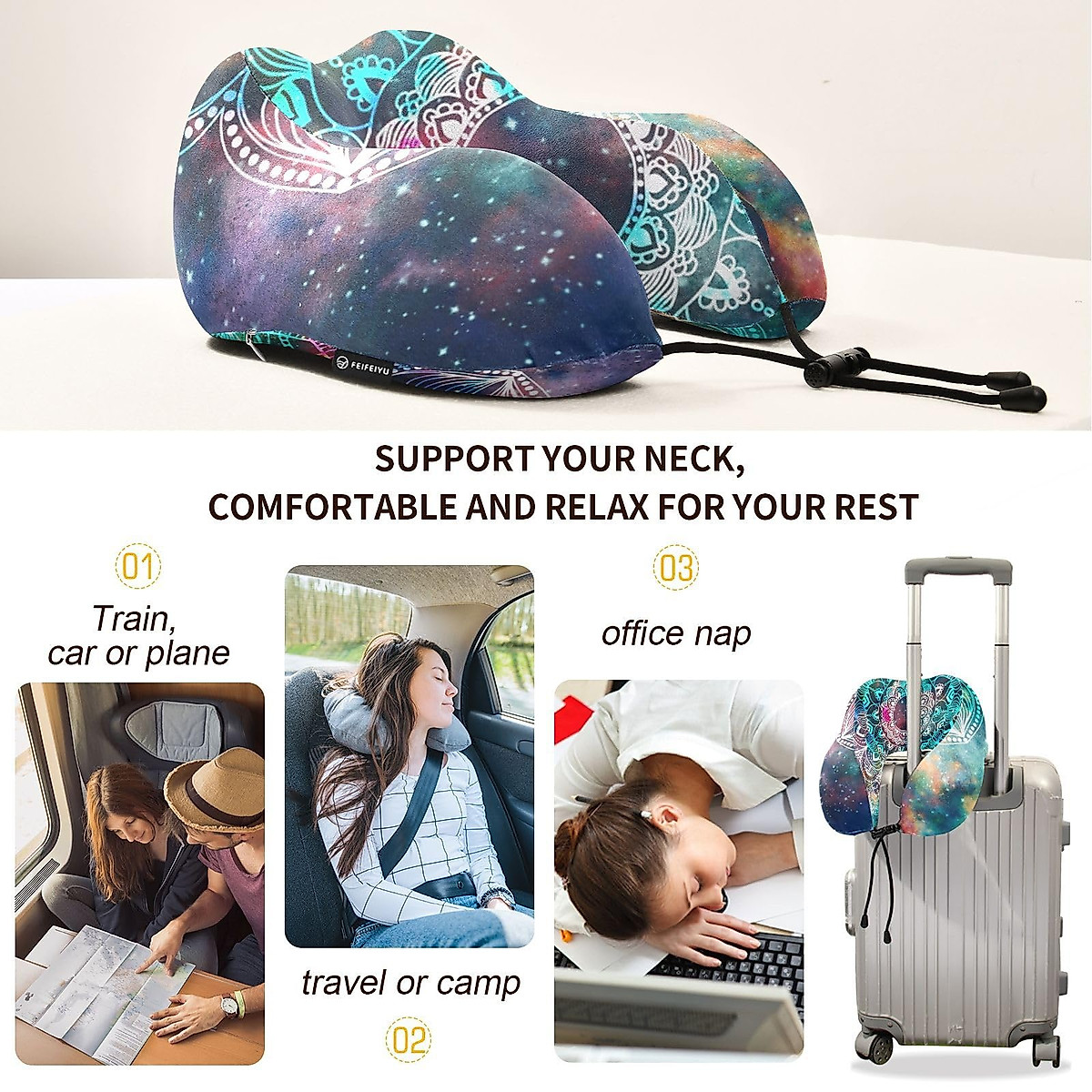 ALAZA Galaxy Mandala Neck Pillow Travel for Sleeping Airplane Travel Kit with Snap Clip & Storage Bag
