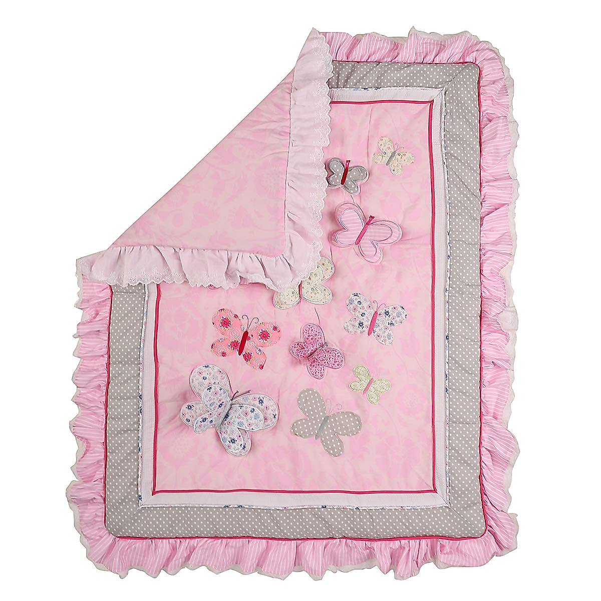 CribMATE 3 PCs Pink Embroidery Butterfly Nursery Crib Bedding Set Lace Trimmed Floral Butterfly Baby Girl Bedding Set Comforter Fitted Sheet Skirt Set