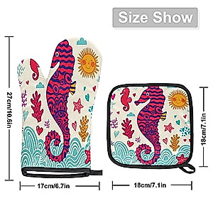 Cartoon Marine Seahorse Love Coral Oven Mitts and Pot Holders Sets of 2 Heat Resistant Non-Slip Kitchen Gloves Hot Pads with Inner Cotton Layer for Cooking BBQ Baking Grilling