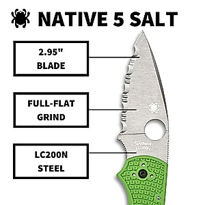 Spyderco Native 5 Salt Folding Pocket Knife with 2.95 Inch Corrosion-Resistant LC200N Steel Blade and Green FRN Handle - SpyderEdge - C41SGR5