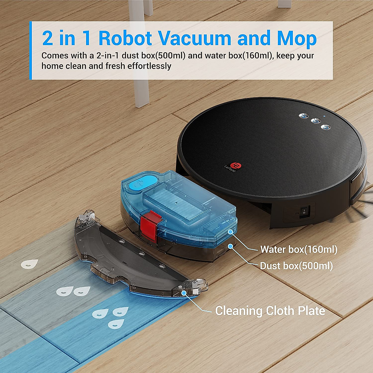 Lefant Robot Vacuum and Mop, Robotic Vacuum Cleaner with 3200Pa Suction, Smart Navigation, 150 Mins Runtime, Works with Alexa and Google Assistant, Self-Charging, Ideal for Pet Hair,Floor,Carpet（U180）