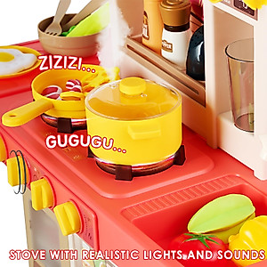 Kids Kitchen Playset, All in One Kids Kitchen Playset 50+ Pcs 31" Pretend Toy Kitchen W/Realistic Light Sound Spray Water Simulation Sink Faucet Food Utensils Play Kitchen for Kids Ages 2-8