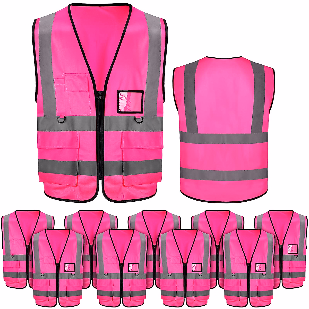 EBOOT 10 Pcs Safety Vests High Visibility Safety Vest with Reflective Strips, Neon Vest Construction Vest with Pockets (Pink)