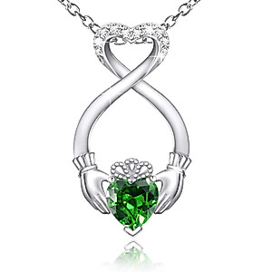 S925 Irish Claddagh Eternity Love Pendant Necklace Good Luck Jewelry Gift for Women Ladies Birthday (Green)