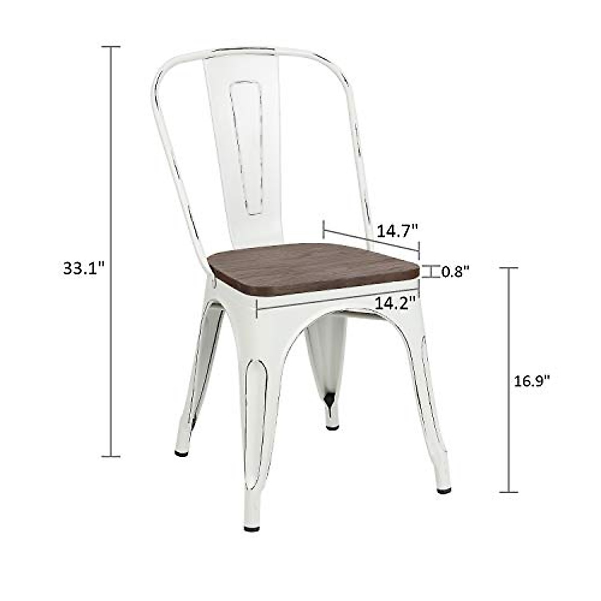 Furniwell Metal Dining Chairs with Wood Seat, Indoor Outdoor Use Stackable Tolix Industrial Metal Chairs Set of 4 for Kitchen, Dining Room, Bistro and Cafe (White)