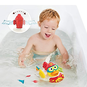 Yookidoo Jet Duck Firefighter Bath Toy with Powered Water Hydrant Shooter - Sensory Development & Bath Time Fun for Kids - Battery Operated Bath Toy with 15 Pieces - Ages 2+