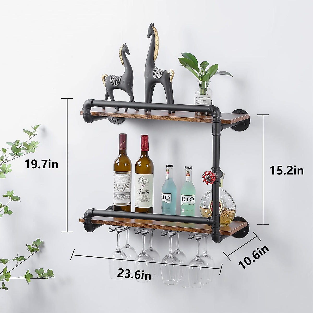 POLUNCA Wine Rack Wall Mounted 2 Tier, Industrial Pipe Decor, Black Wine Shelf Rack with Glass Holder, Perfect for Kitchen, Bar, Restaurant, 23.6x10.6x19.7 inches