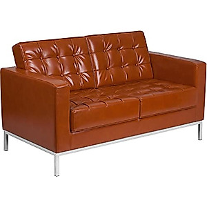 Flash Furniture HERCULES Lacey Series Contemporary Cognac LeatherSoft Loveseat with Stainless Steel Frame