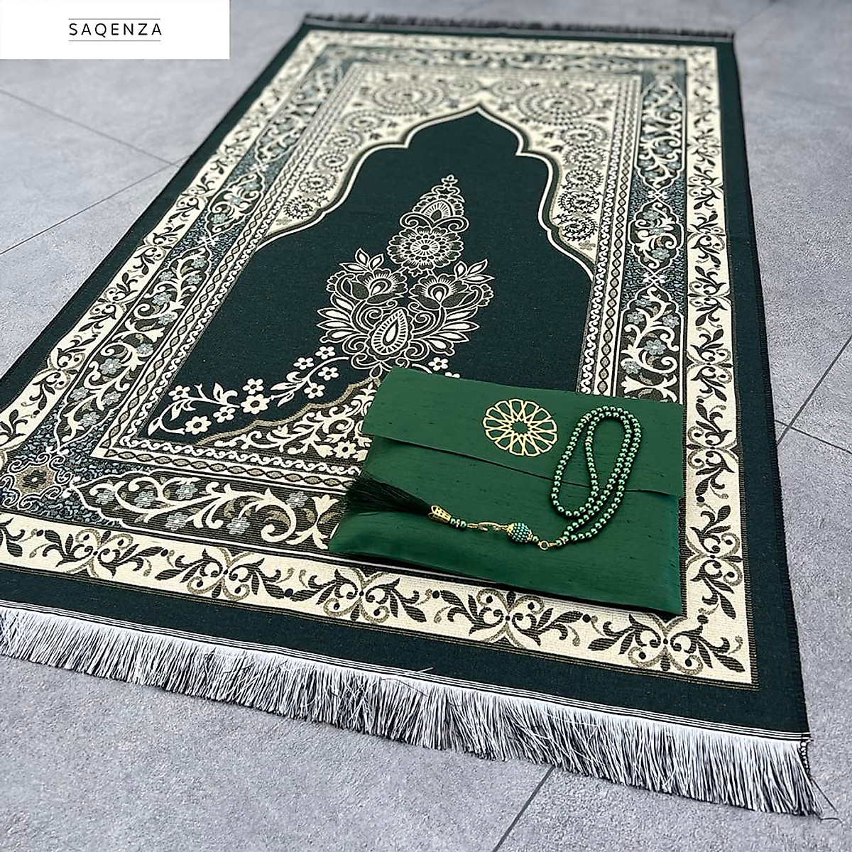 SAQENZA Muslim Prayer Rug - Prayer Mat with Travel Bag, Prayer Beads - Muslim Gifts - Ramadan Gifts for Men, Women and Kids - Islamic Gifts (Green-2)