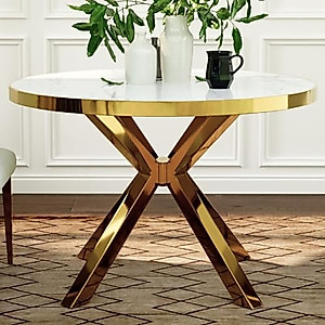 AUZ Round Dining Table, 45 inch White and Gold Table with Gorgeous Polished Stainless Steel Circle Trim and Cross Legs