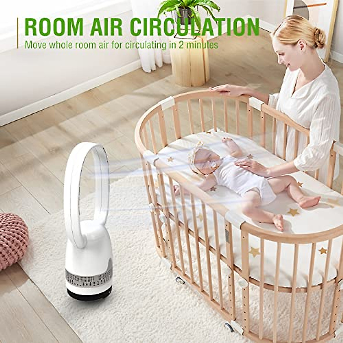 Mitcent Air Purifier Fan 26-Inch, with H12 HEPA Filter, Bladeless Tower Fan for Bedroom, Home and Office, MT1004 White
