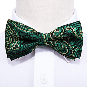 YOHOWA Green Gold Bow Tie and Pocket Square Set Pretied Bow Tie with Gold Diamond Ring