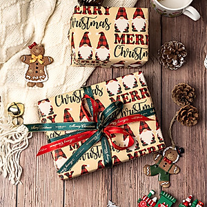 RUSPEPA Kraft Christmas Wrapping Paper Roll - Mini Roll - Red and Black Plaid Gnome Design for Holiday Gift Wrap - 17.5 Inches X 32.8 Feet