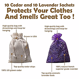 Cedar Chips and Lavender Sachets (20 Pack) - Stop Clothes Damage - Cedar and Lavendar Home Fragrance Sachets for Drawers and Closets