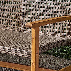 Great Deal Furniture Marcia Outdoor Wood and Wicker Sofa, Natural Finish with Mix Mocha Wicker