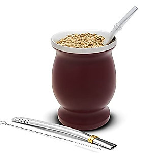 BALIBETOV Mate Cup And Bombilla Set - Yerba Mate set Includes One Yerba Mate Cup, Two Bombilla Mate (Straw) and Brush - Stainless Steel Double-Wall | Easy to Clean Yerba Mate Gourd (Bordeaux)