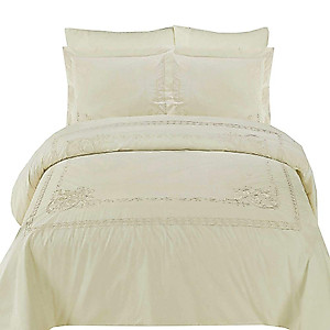 Royal Bedding Athena Ivory Embroidered 3-Piece Full/Queen Duvet Cover Set 100% Cotton 300 Thread Count