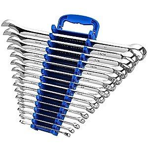 Max Torque 15-Piece Premium Combination Wrench Set, Complete SAE Inch Sizes from 1/4” to 1” with Rack Organizer | Cr-V Steel, Mirror Chrome Finish, Long Pattern, V-Groove Open End and 12-Point Box End