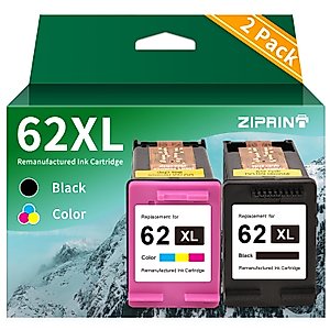ZIPRINT 62XL Remanufactured Ink Cartridge Replacement for HP Ink 62 62XL Ink Cartridge Combo Pack for Envy 7640 5660 5540 7645 5640 OfficeJet 200 250 5740 5742 8040 (2 Pack) 62XL Black and Clolor