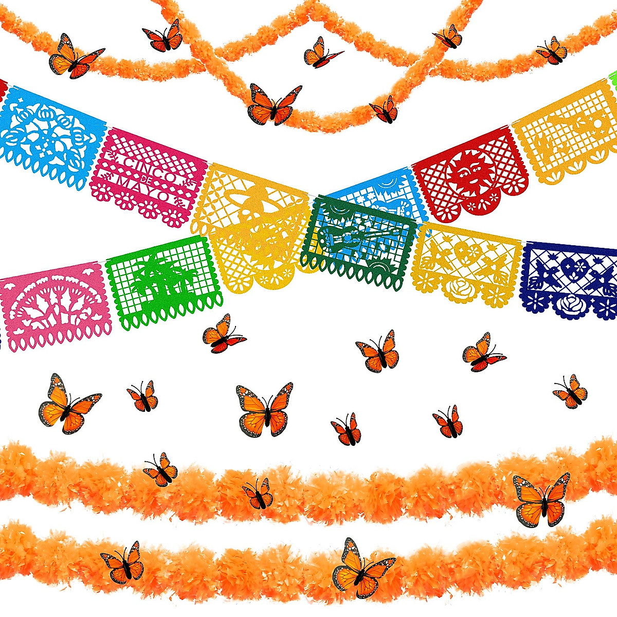 18 Pcs Day of The Dead Party Banners Day of The Dead Party Decorations Dia De Los Muertos Day of The Dead Decor with 24 Pcs Monarch Butterfly 3 Artificial Marigold Flowers Garland for Diwali Decor
