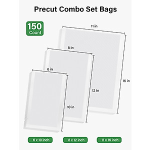 Kootek Vacuum Sealer Bags for Food, 150 Gallon 11" x 16", Quart 8" x 12" and Pint 6" x 10" Vacuum Seal Bags, Commercial Grade, BPA Free, Pre Cut Freezer Bags for Food Storage, Meal Prep or Sous Vide