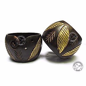 Hind Handicrafts Premium Solid Dark Handmade Crafted Wooden Portable Antique Yarn Storage Bowl - Holder for Knitting Crochet Hook Accessories (6" x 6" x 4", Antique - Golden Leaf)