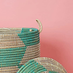Senegal Jumbo Hand Woven Grass Turquoise Herringbone Basket with Hooded Lid