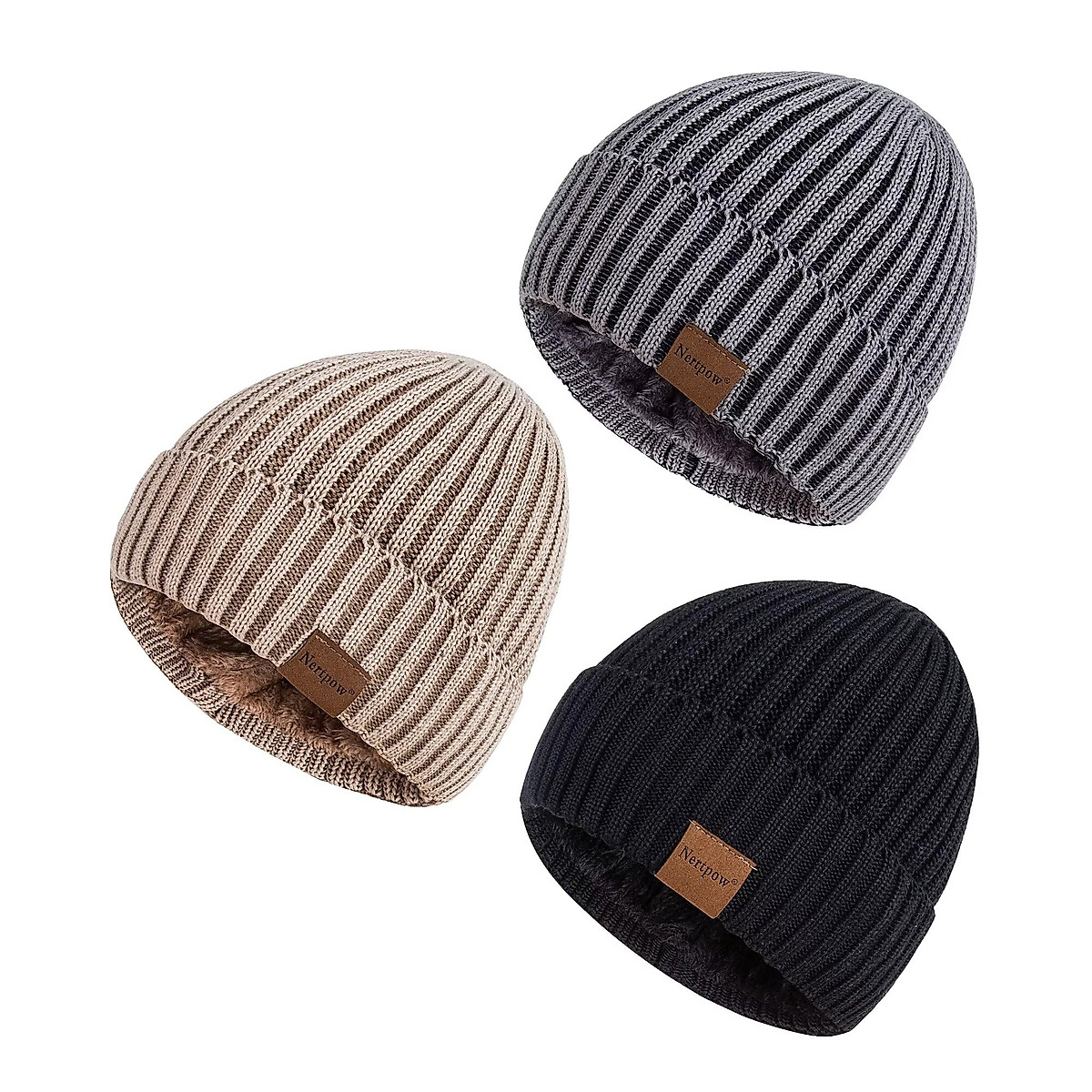 Nertpow Men's 3-Pack Thermal Fleece Lined Knit Beanie Hats for Winter